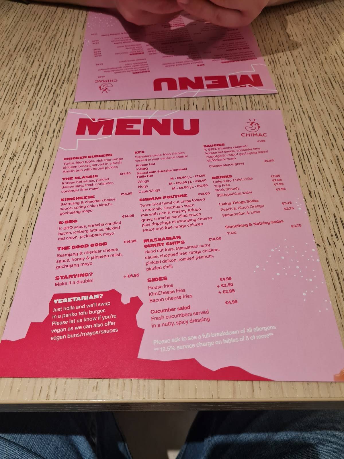 Menu at Chimac Aungier St restaurant, Dublin