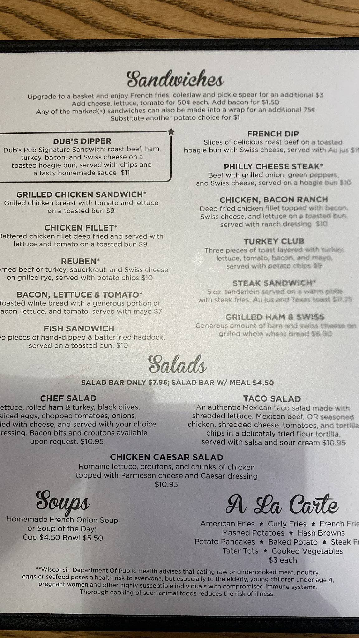 Menu at Dub's Pub And Catering, Sparta