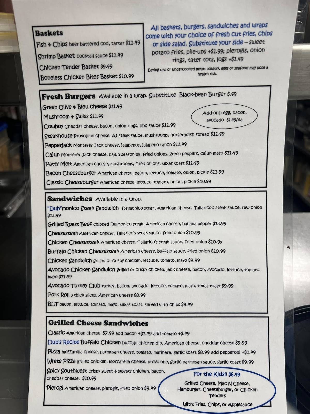 Menu at Dubs on 5th pub & bar, West Easton