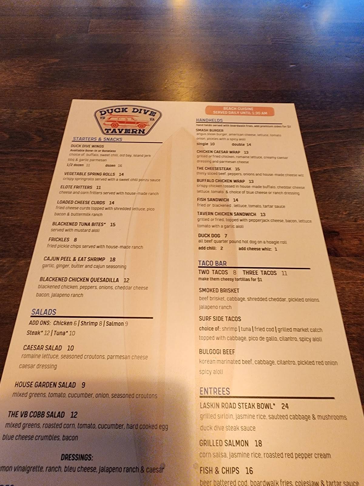 Menu at Duck Dive Tavern restaurant, Virginia Beach