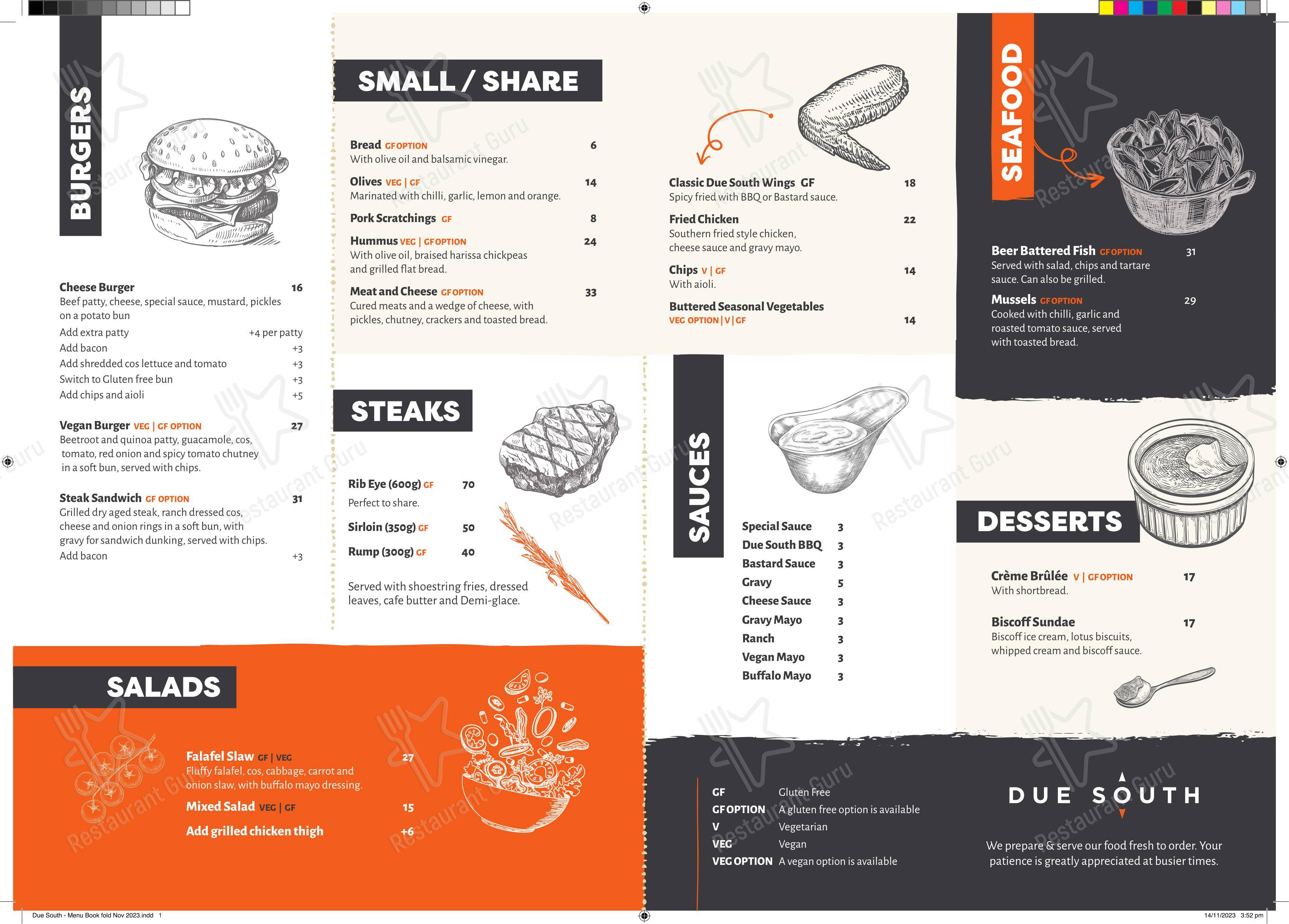 Menu at Due South restaurant, Albany