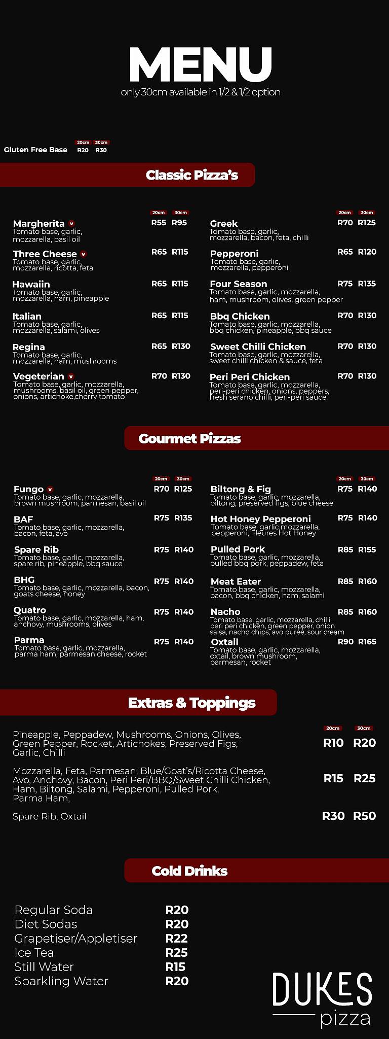 Menu at Dukes Pizza MooiRivier Junction restaurant, Potchefstroom