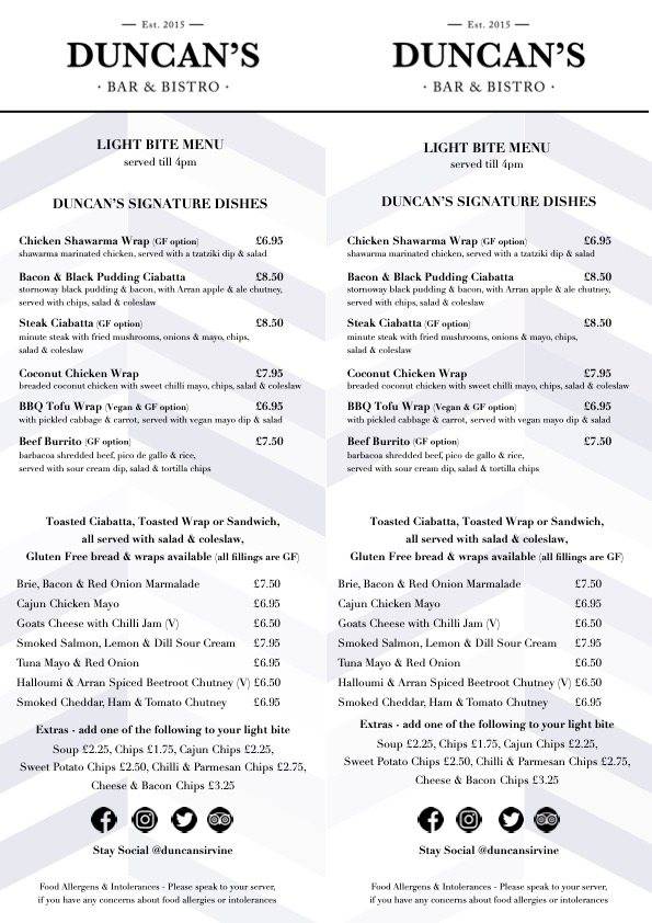 Menu at Duncan's Bar and Bistro, Irvine