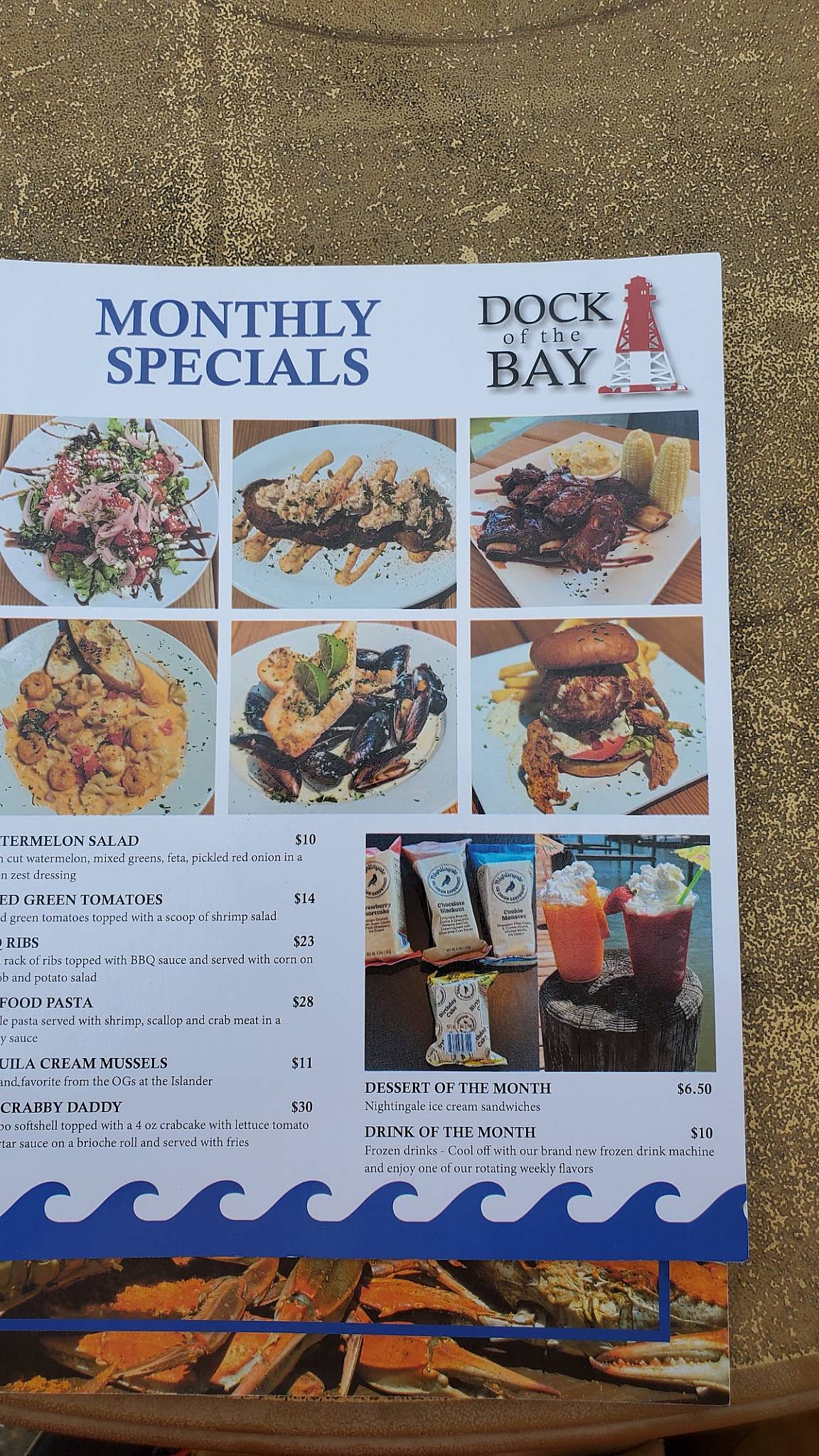 Menu at Dock of the Bay restaurant, Dundalk