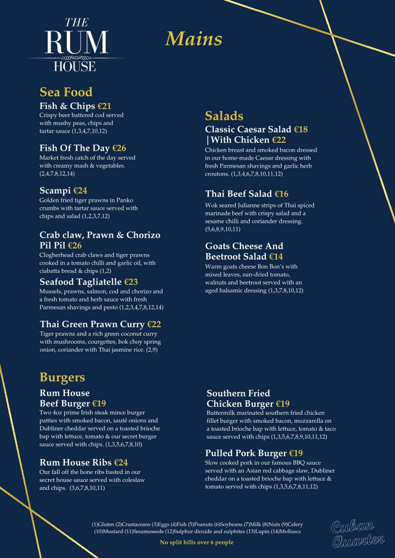 Menu at The Rum House pub & bar, Dundalk