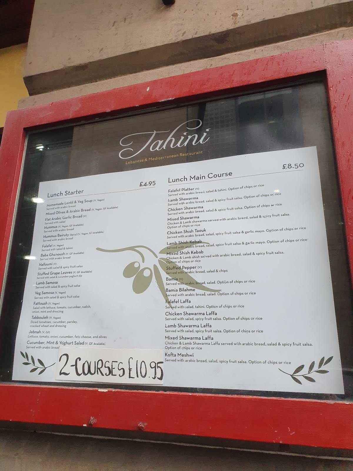 Menu at Tahini restaurant, Dundee