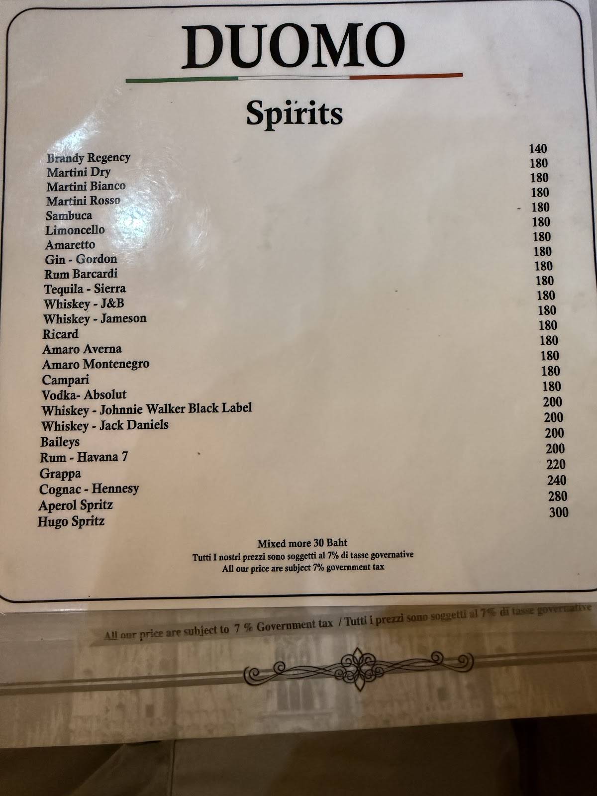 Menu at Duomo restaurant, Ko Samui