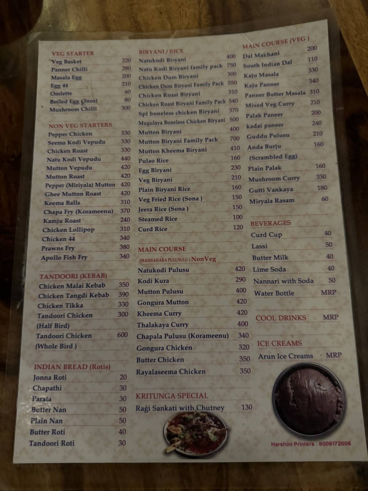 Menu at Kritunga Restaurant, Kurnool