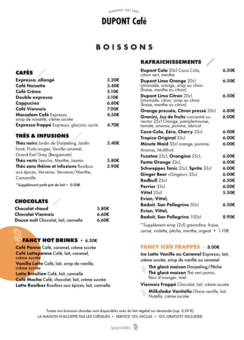Menu au Dupont Café Bibliothèque, Paris, 84 Avenue de France