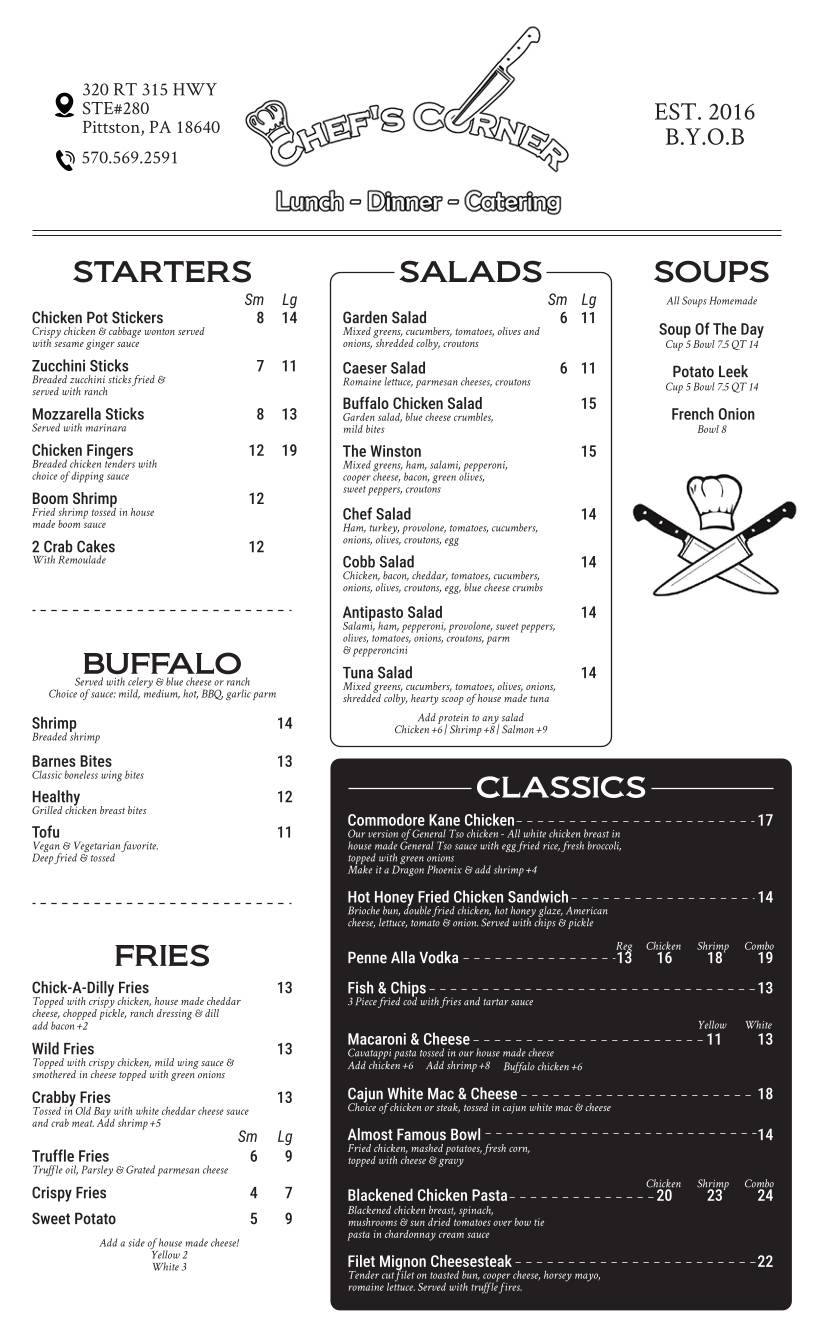 Menu at Chef's Corner restaurant, Yatesville, 320 PA-315 Suite #280