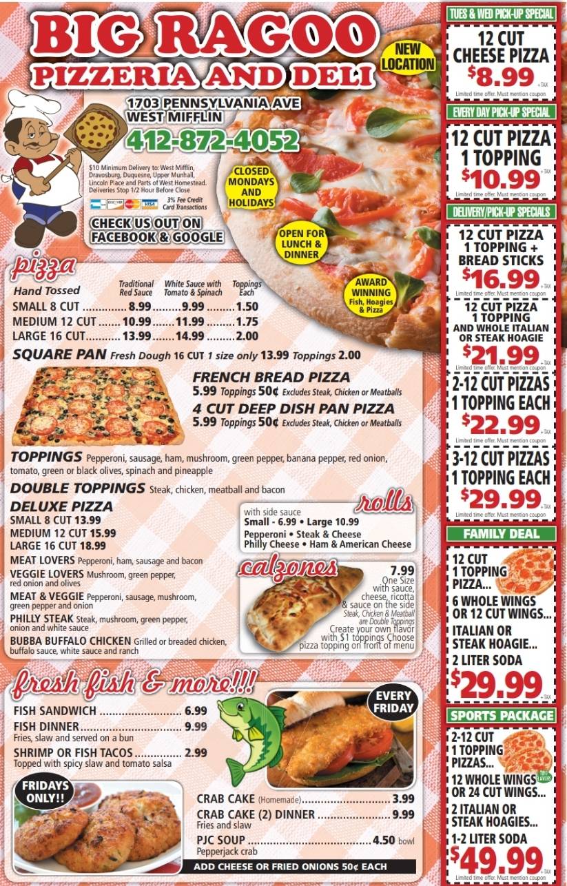Menu at Big Ragoo Pizzeria, West Mifflin