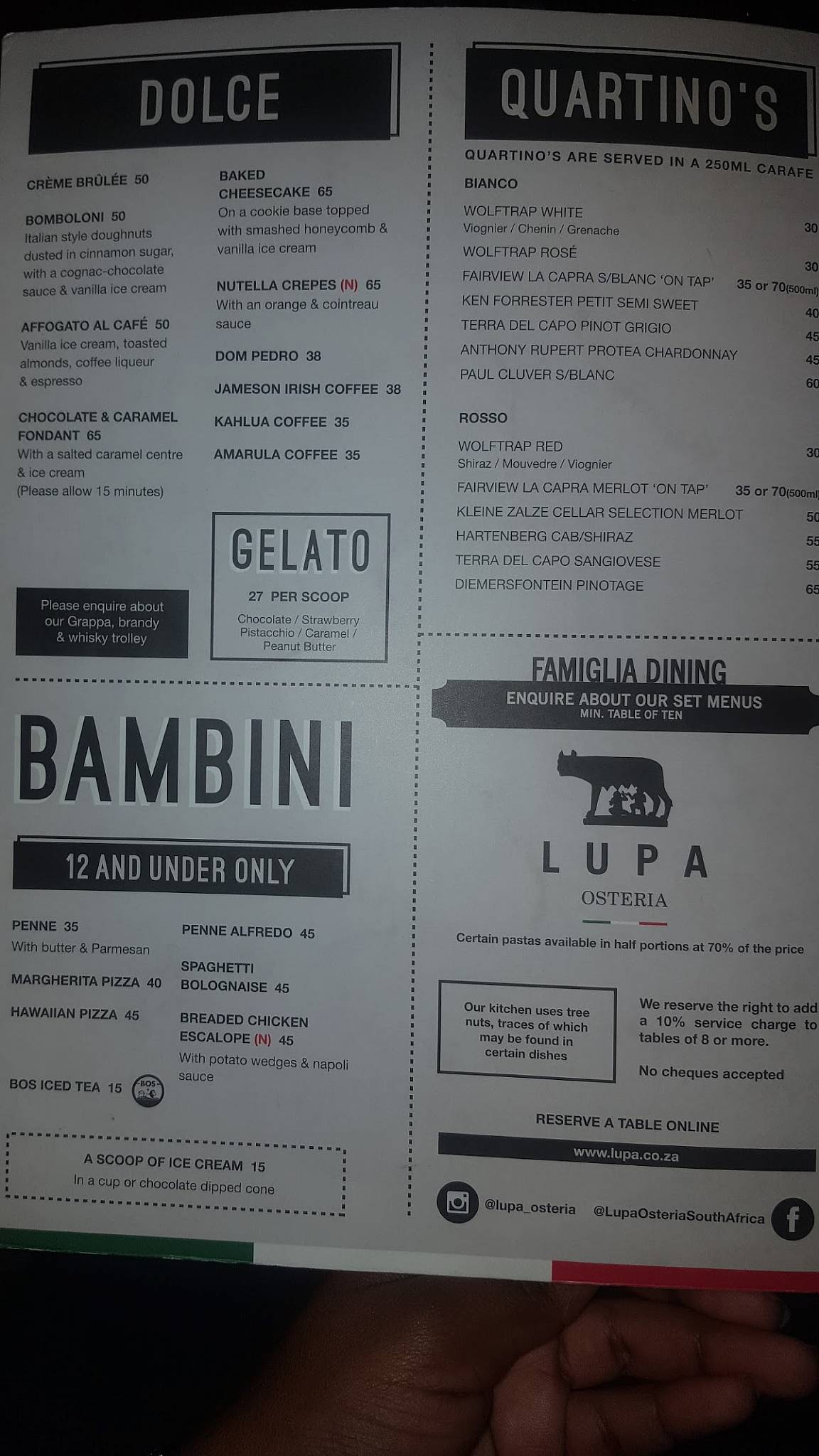Menu at Lupa Osteria Durban North restaurant, Durban, Broadway Shopping ...