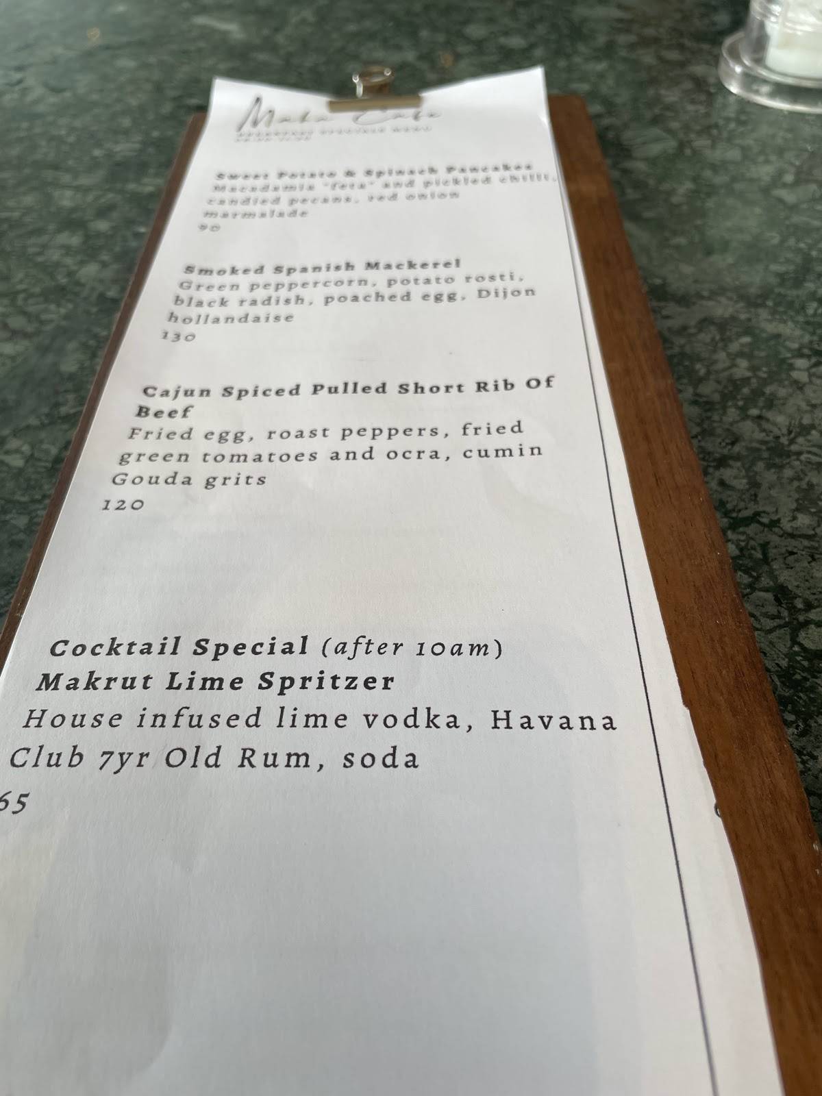 Menu at Mahā Café restaurant, Durban