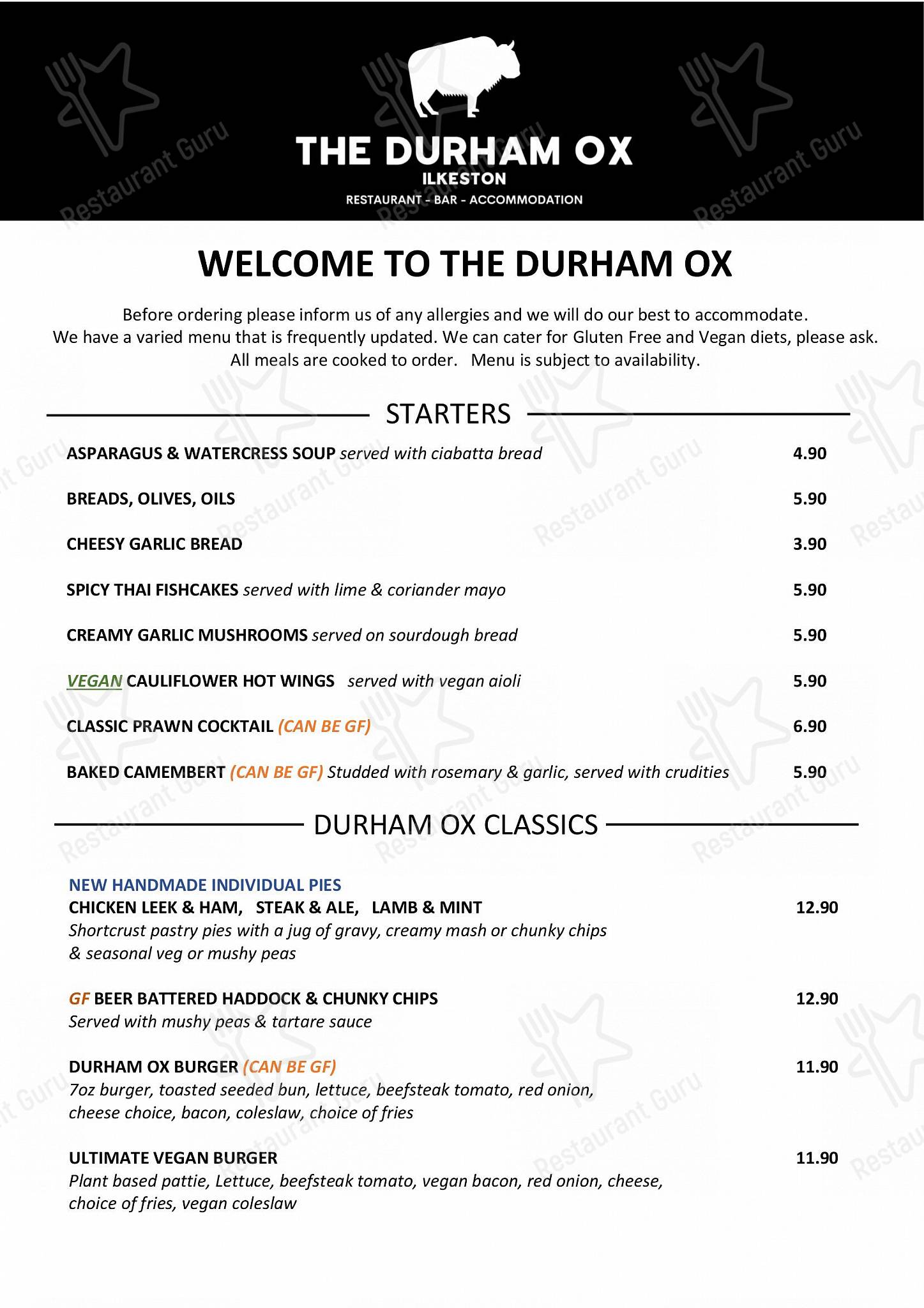 Menu at The Durham Ox pub & bar, Ilkeston