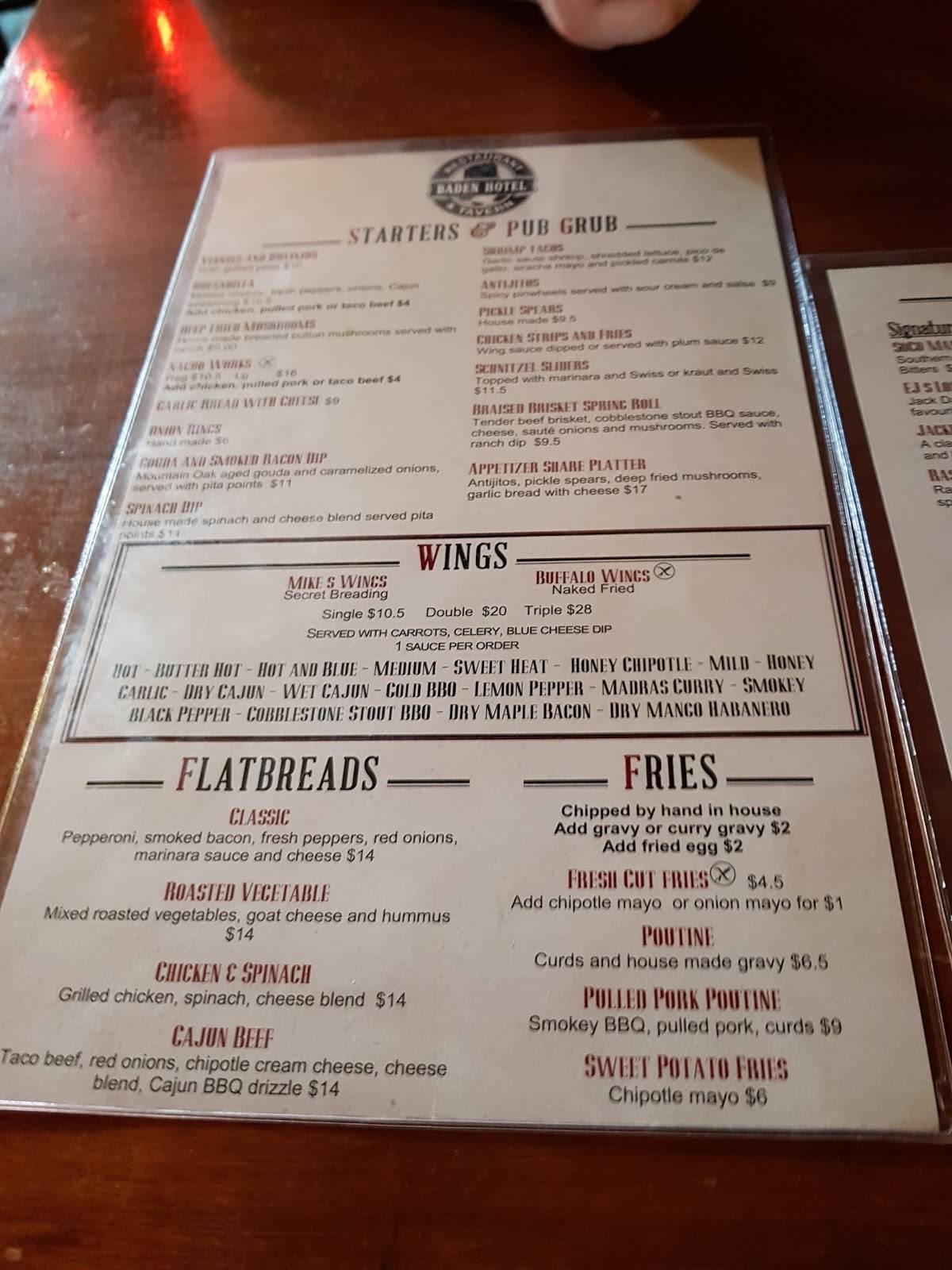 Menu at EJ's Tavern at the Baden Hotel pub & bar, Baden
