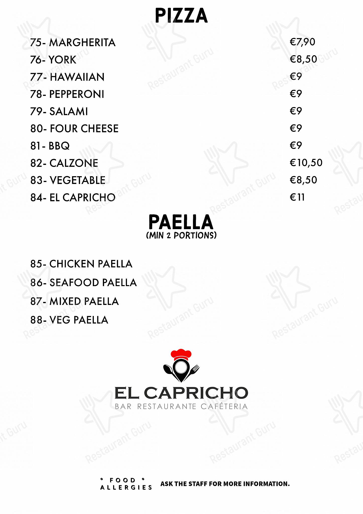 Menu at EL CAPRICHO restaurant, San Miguel de Salinas