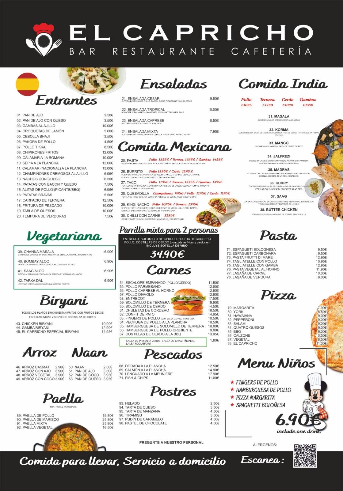 Carta del restaurante El Capricho, San Miguel del Salinas