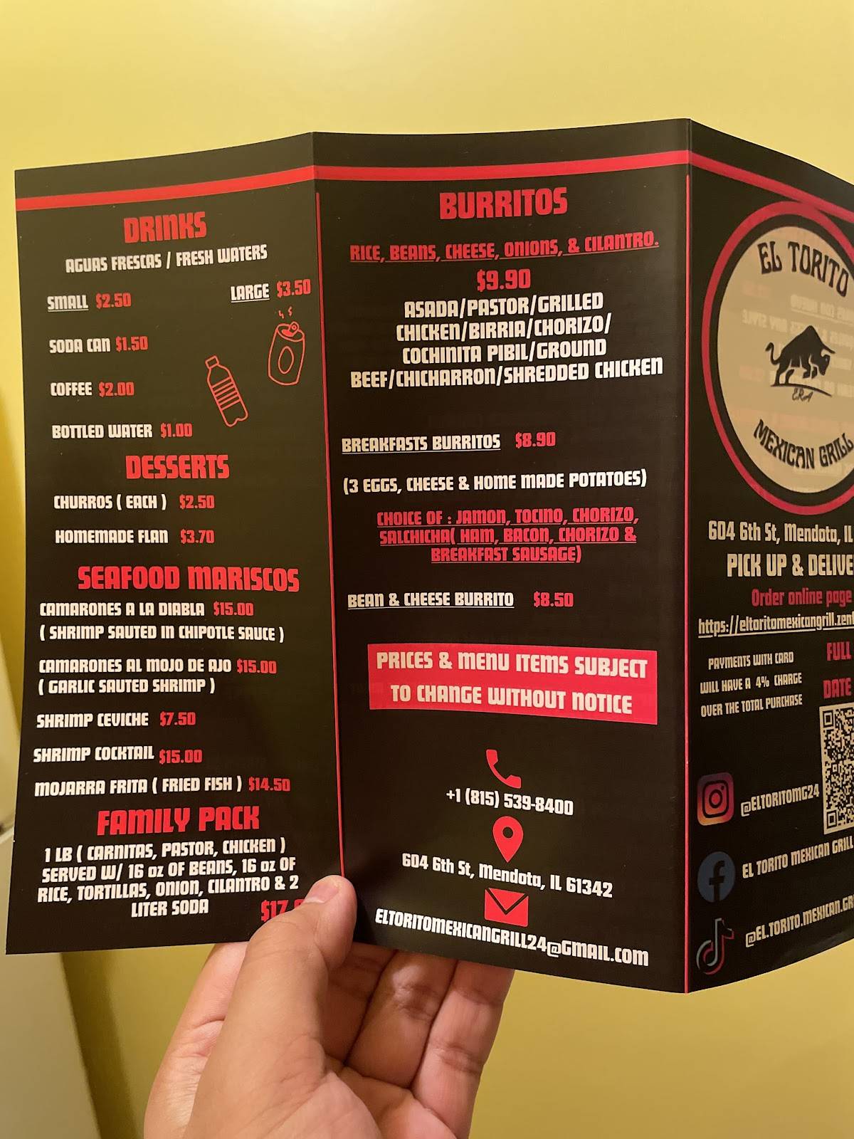 Carta del restaurante EL TORITO MEXICAN GRILL, Mendota
