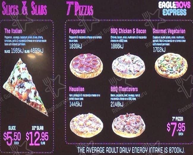 Menu at Eagle Boys Express fast food, Brisbane City