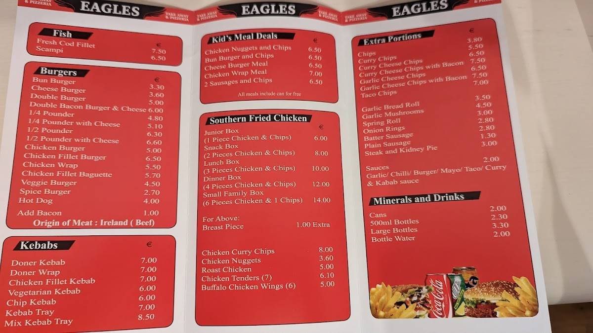 Menu at Eagles Takeaway restaurant, Ireland