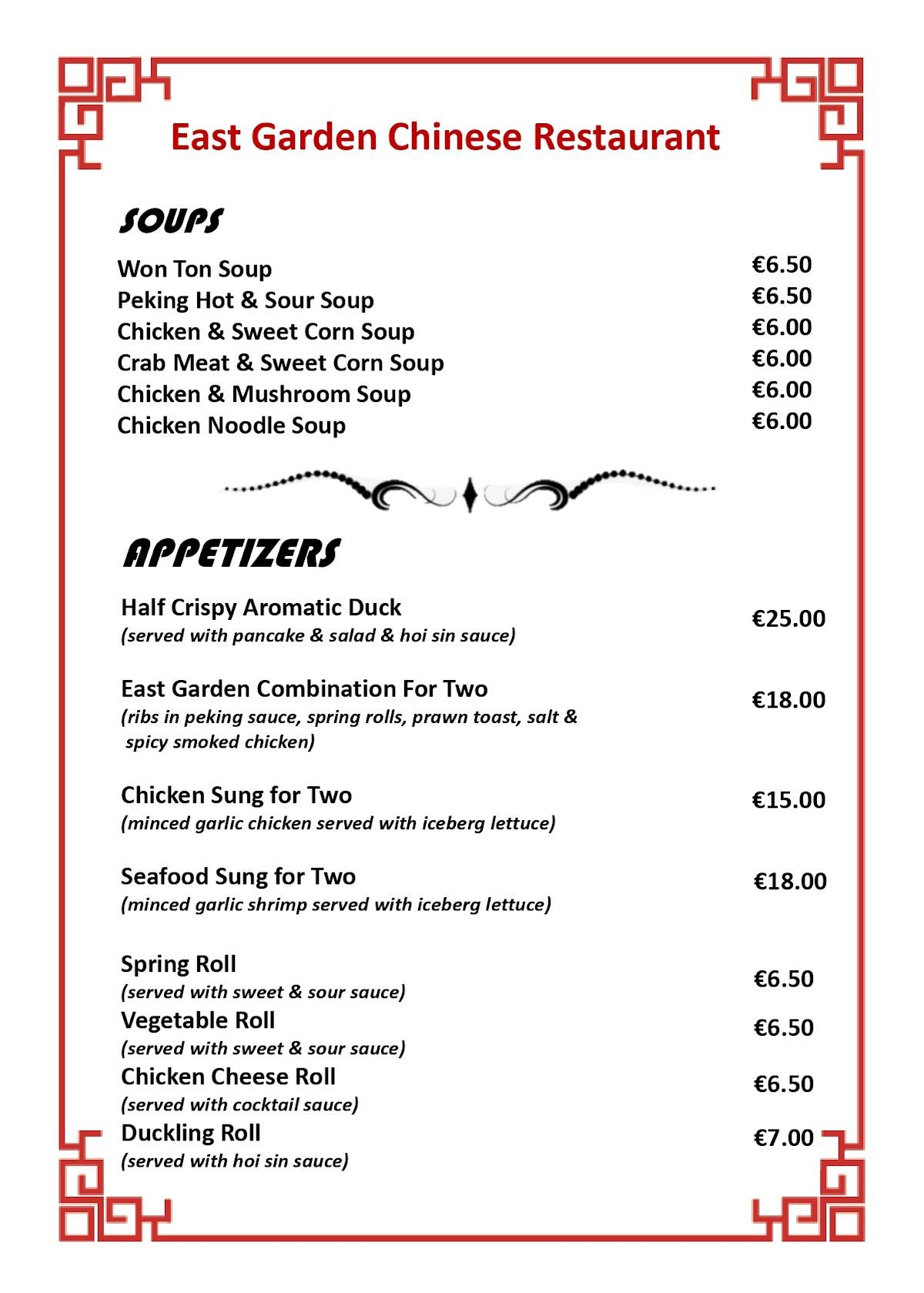 Menu at East Garden Chinese Restaurant, Kilcullen