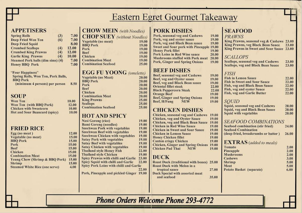 Menu at Eastern Egret Restaurant, Waikanae