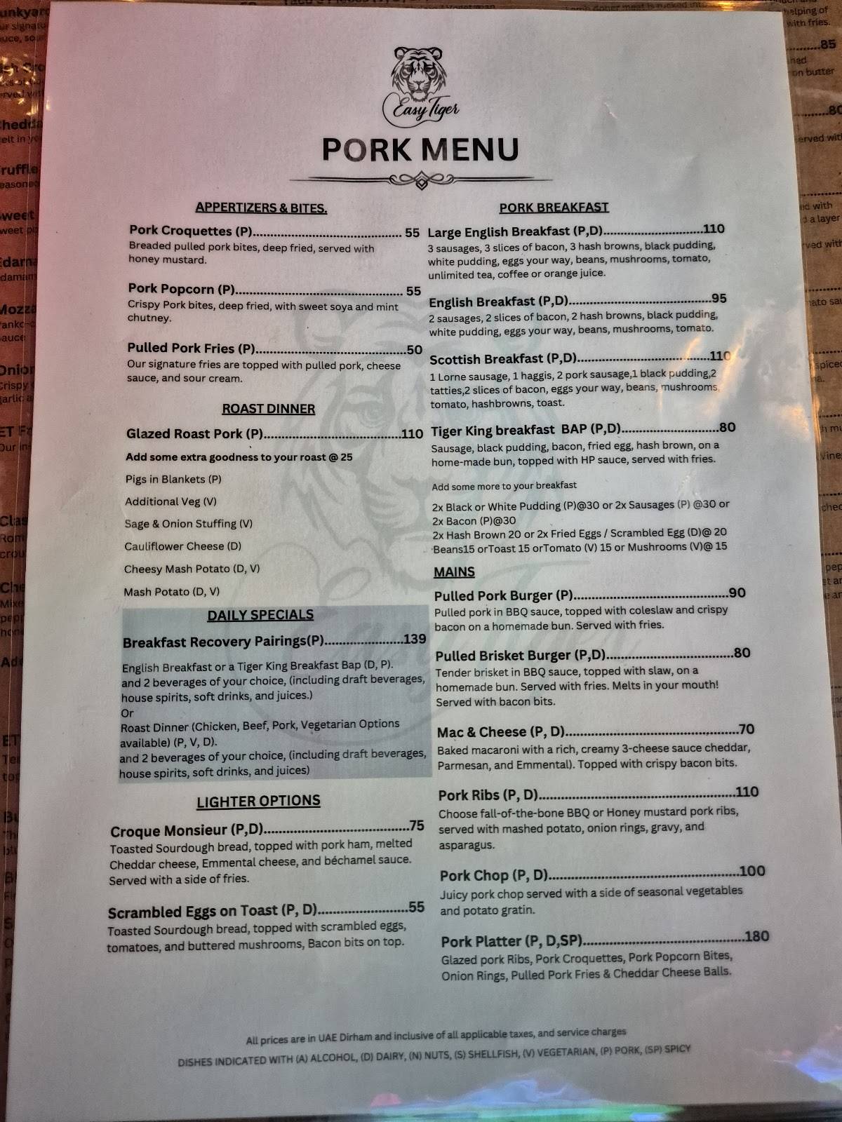 Menu at Easy Tiger pub & bar, Abu Dhabi, Al Ain Palace Hotel - W ...