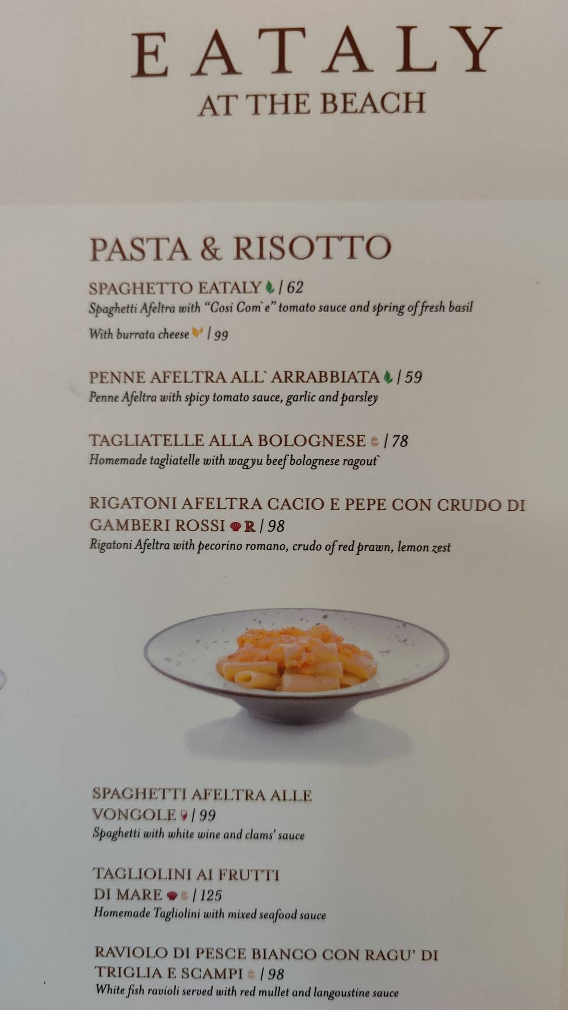 Carta del restaurante Eataly at The Beach Dubai, Dubai