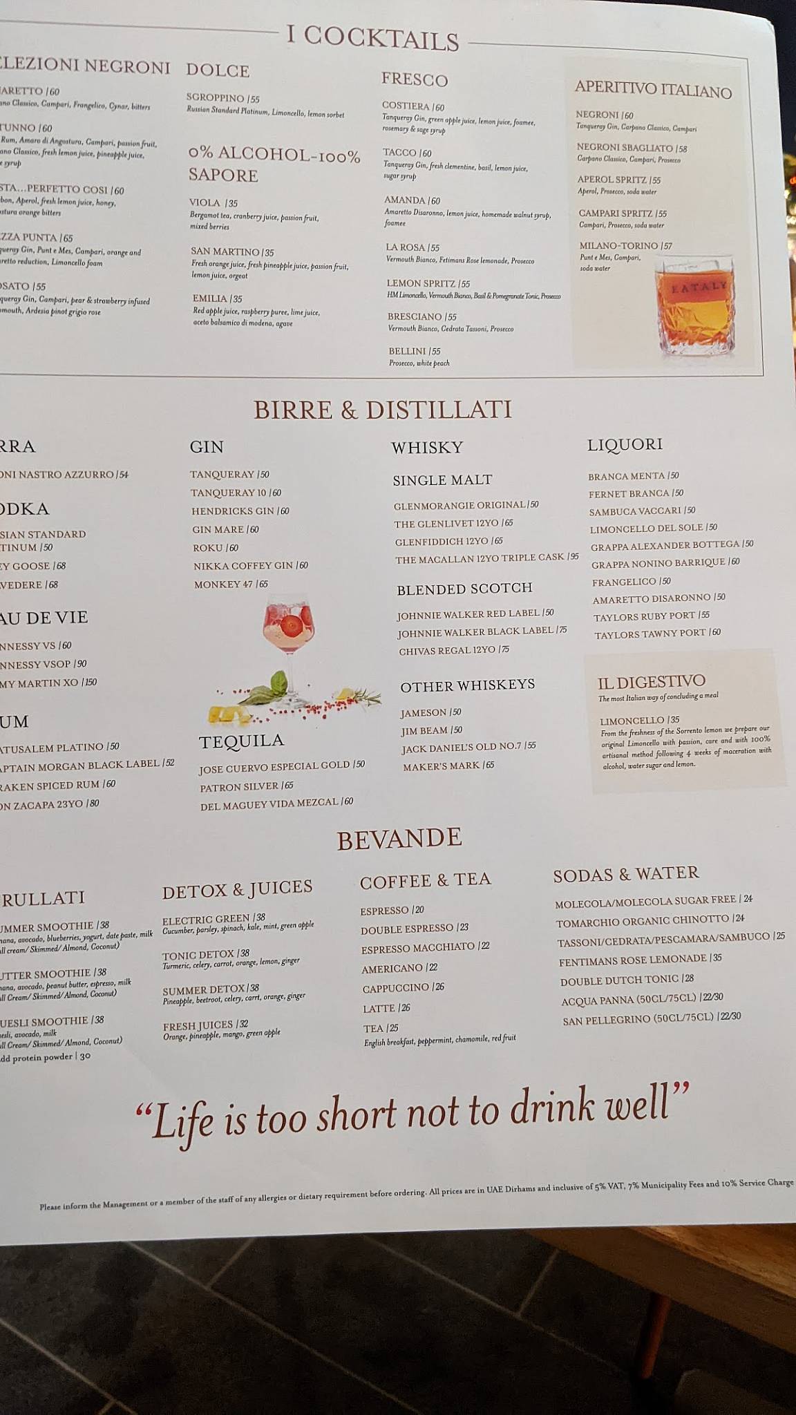 Carta del restaurante Eataly at The Beach Dubai, Dubai
