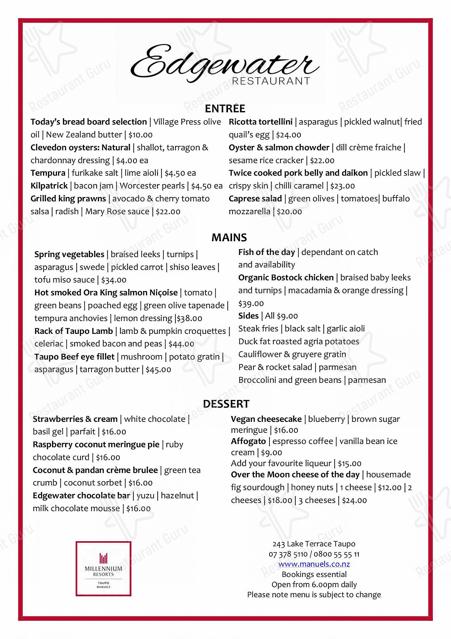 Menu at Edgewater Restaurant, Taupo