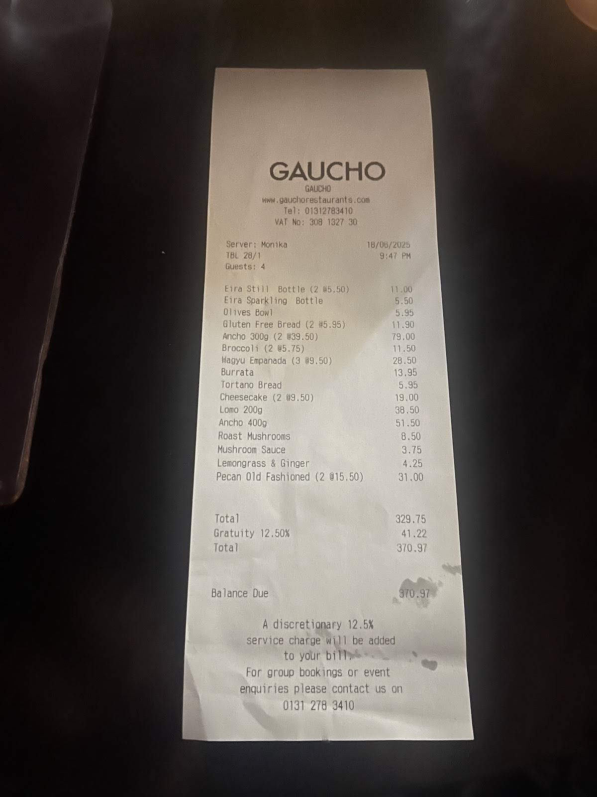 Menu at Gaucho Edinburgh steakhouse, Edinburgh
