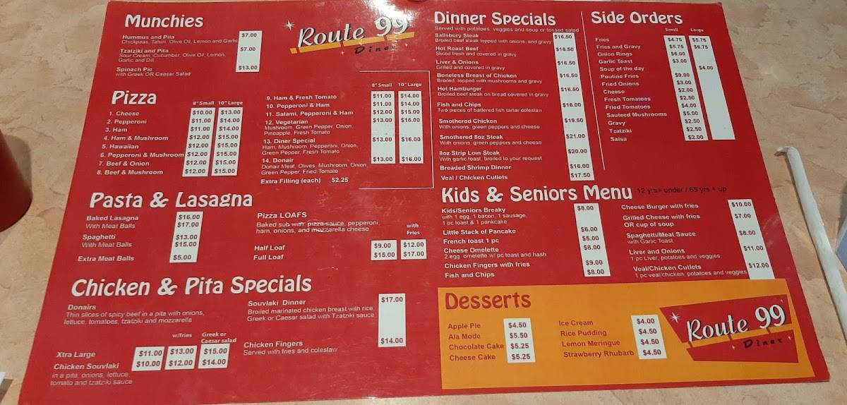 Menu at Route 99 Diner restaurant, Edmonton