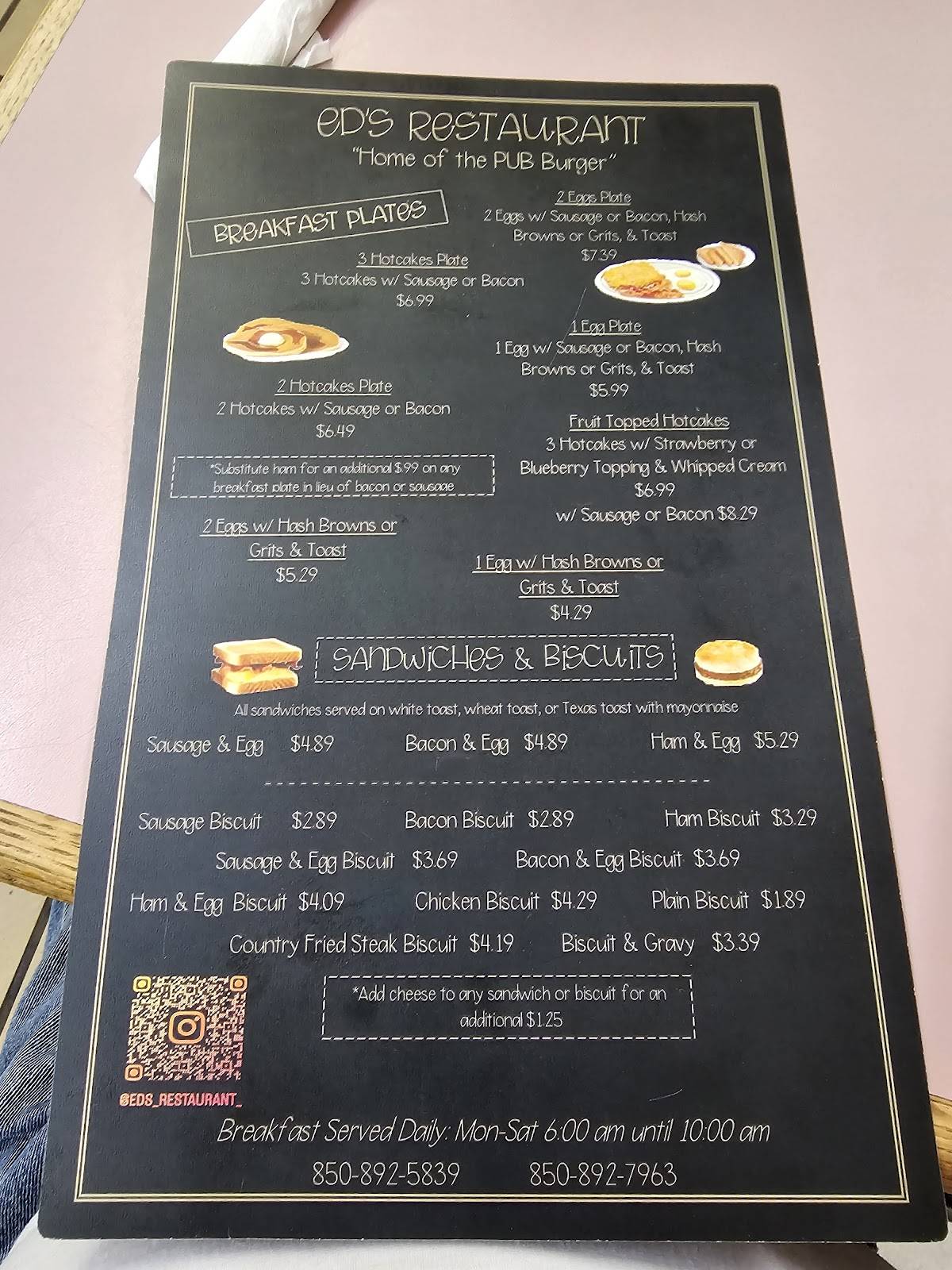 Menu at Ed's Restaurant, DeFuniak Springs, US-90