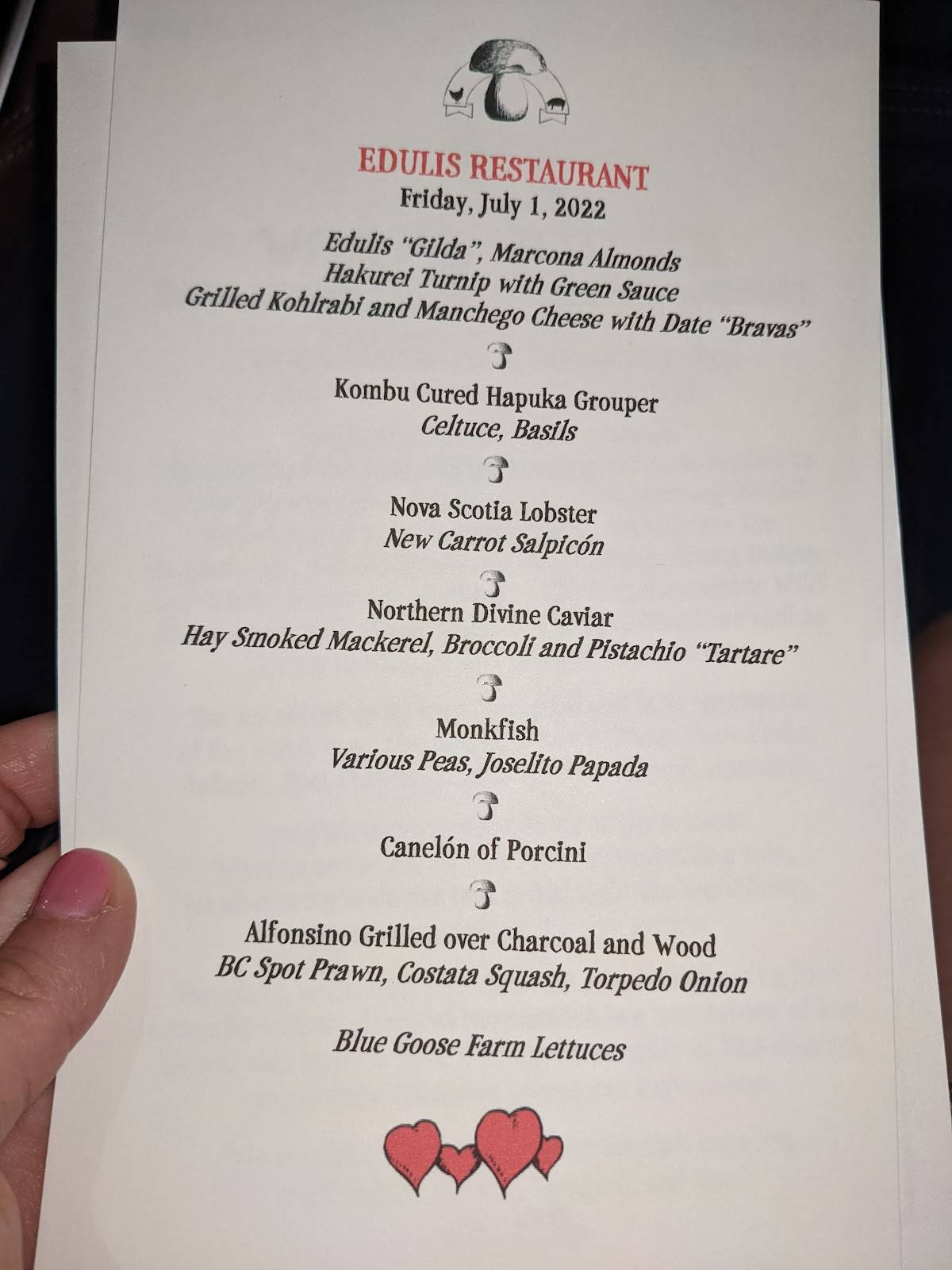 Menu at Edulis Restaurant, Toronto, 169 Niagara St