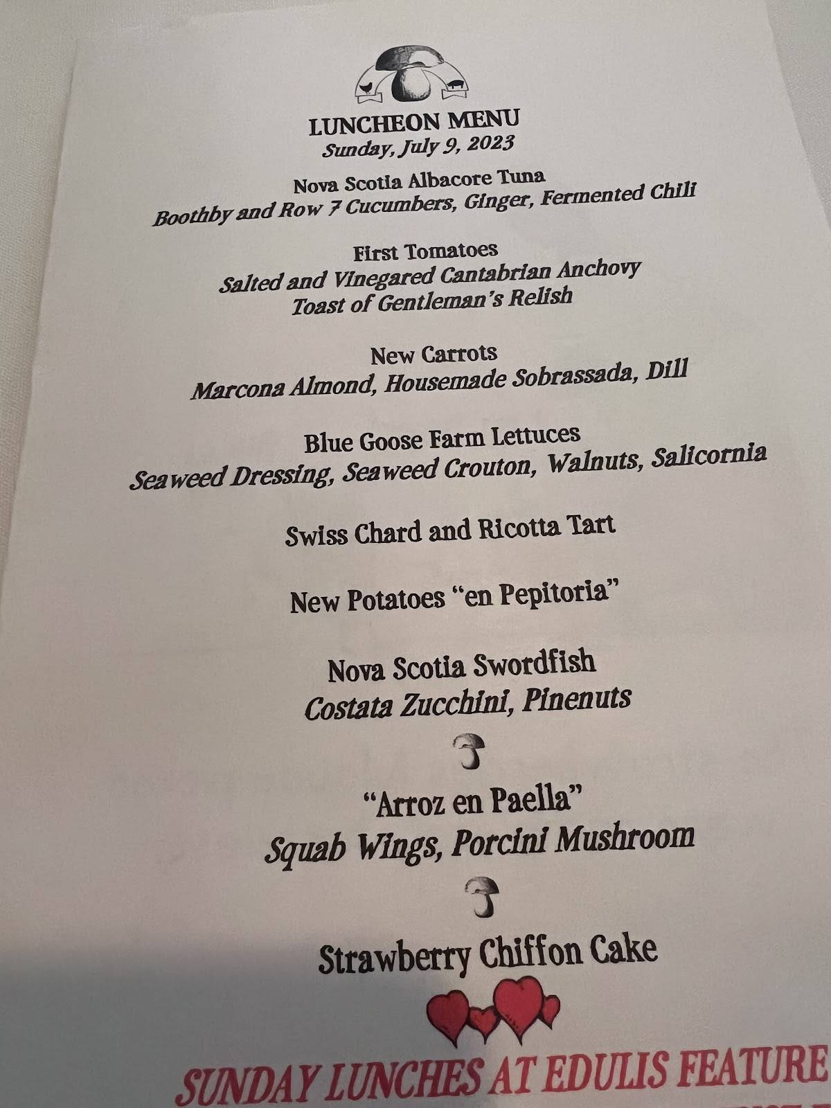 Menu at Edulis Restaurant, Toronto, 169 Niagara St