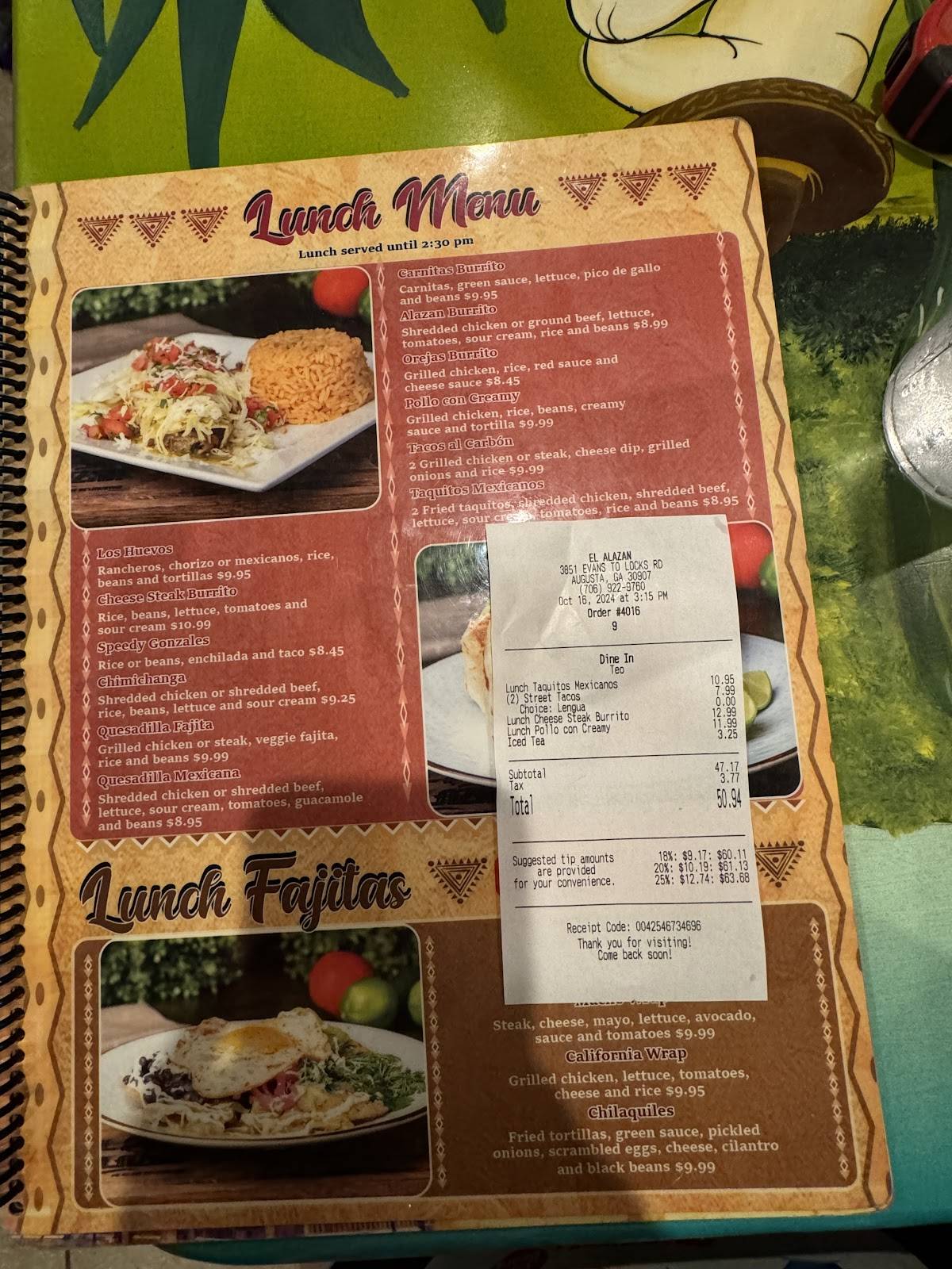 Menu at El Alazan Restaurant, Martinez, Evans to Locks Rd