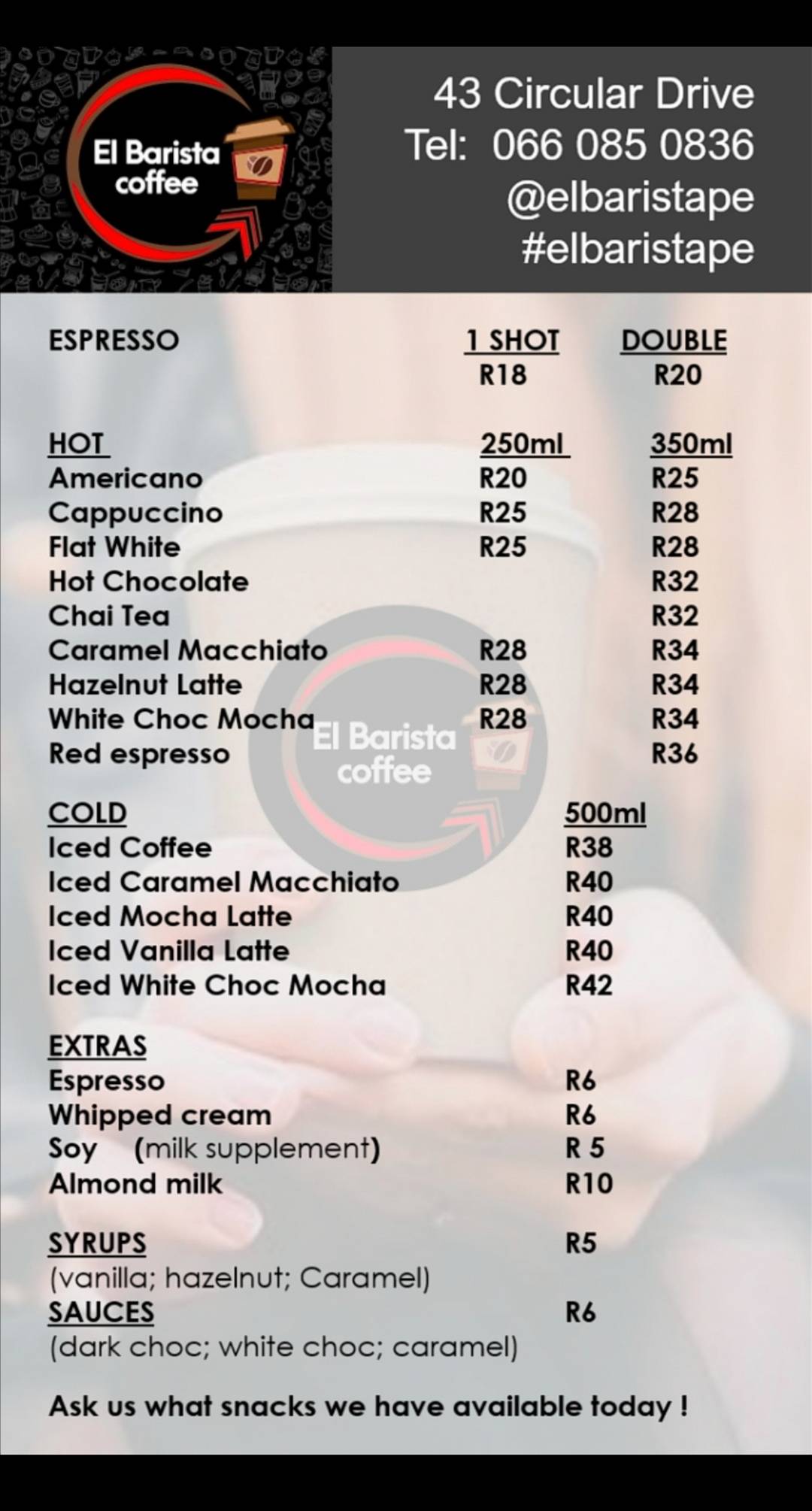 Speisekarte von El Barista Coffee, Südafrika