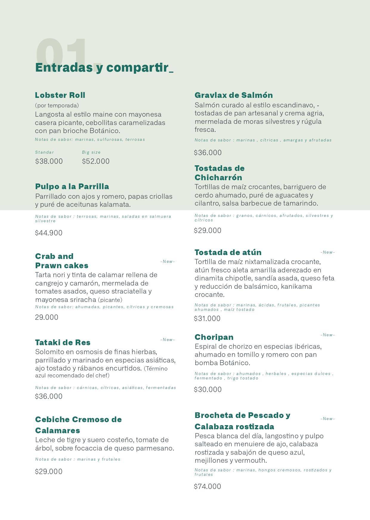 Carta de El Botánico Restaurante, Medellín