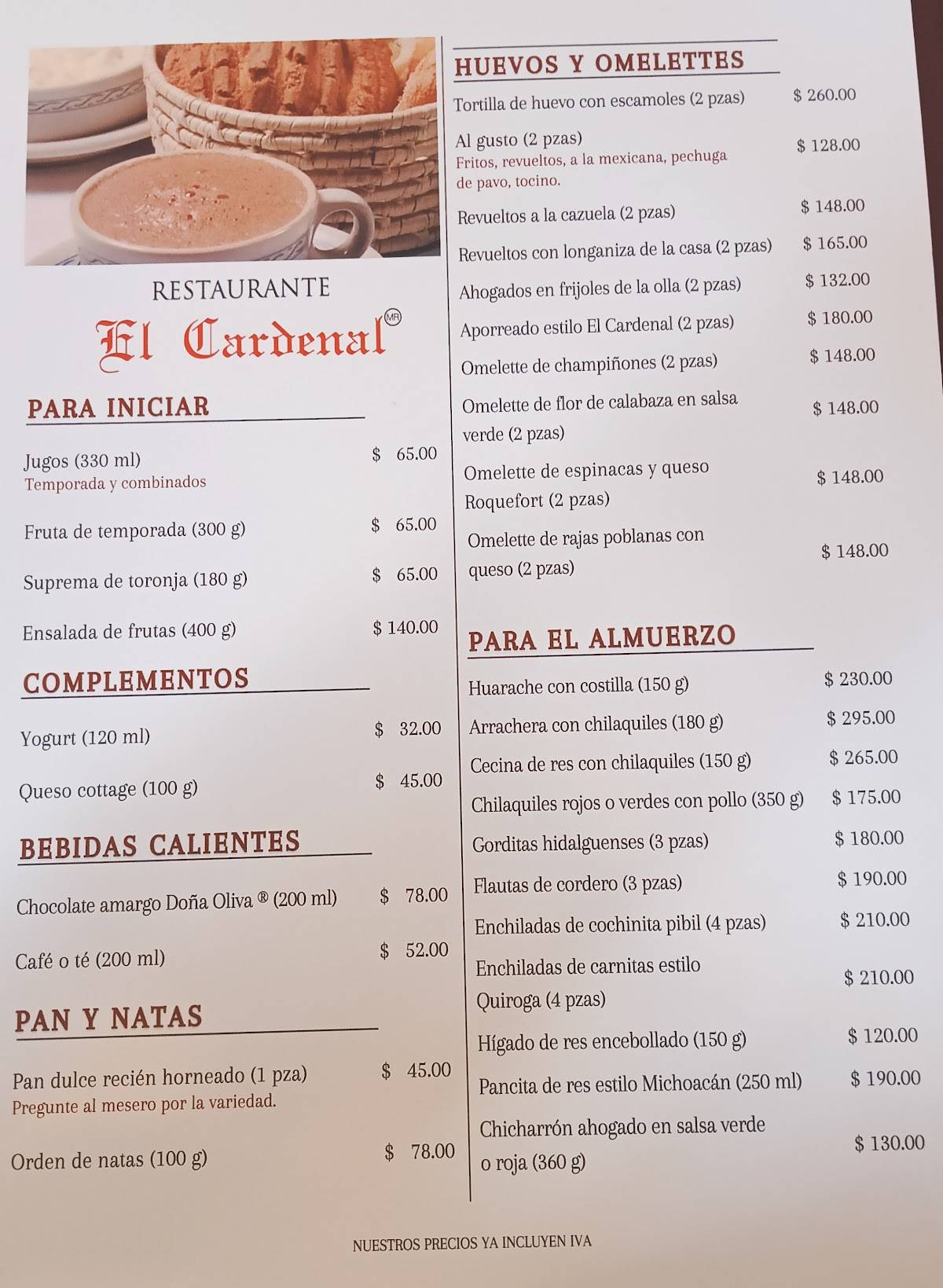 Carta de Restaurante El Cardenal, Ciudad de México, Palma #23 Centro ...