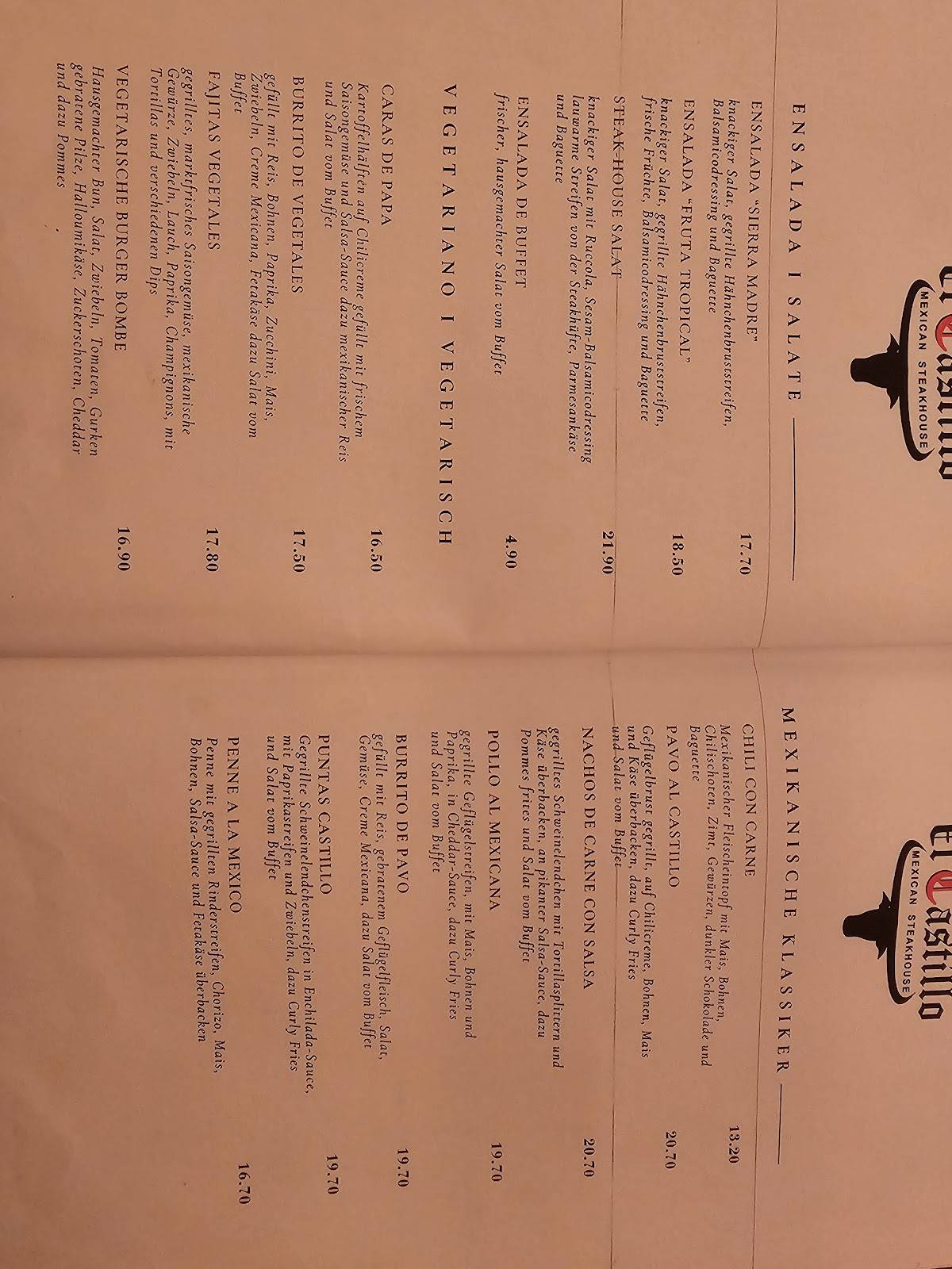 Speisekarte von El Castillo steakhaus, Bad Füssing