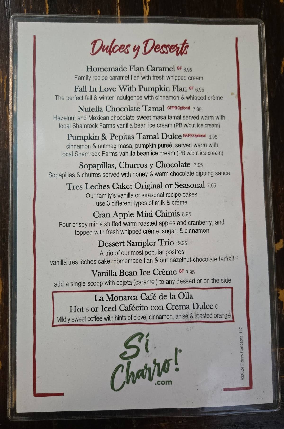Menu at El Charro Café Downtown desserts, Tucson, 311 N Court Ave