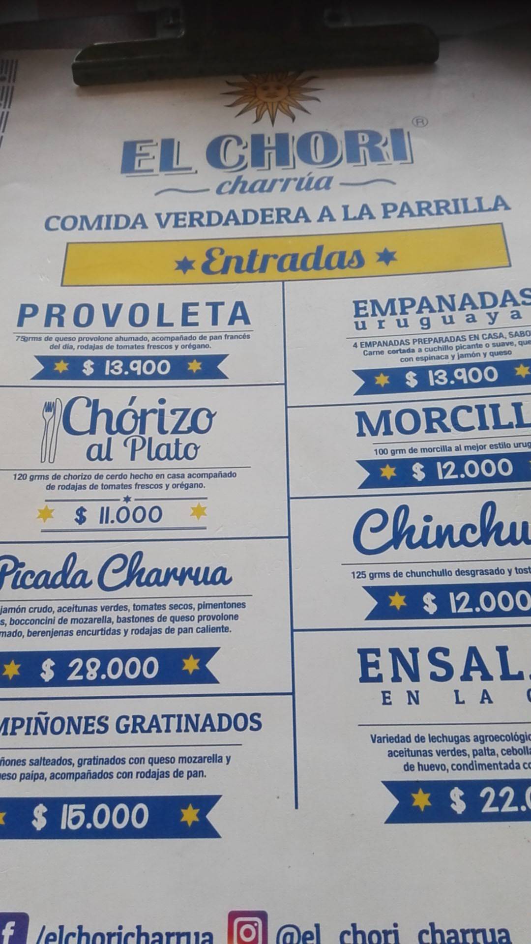 Carta del restaurante El Chori Charrúa, Bogotá, La Calera #16 Este-1 a ...