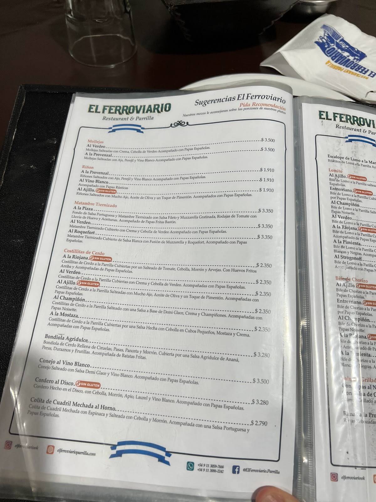Carta del restaurante El Ferroviario, Buenos Aires