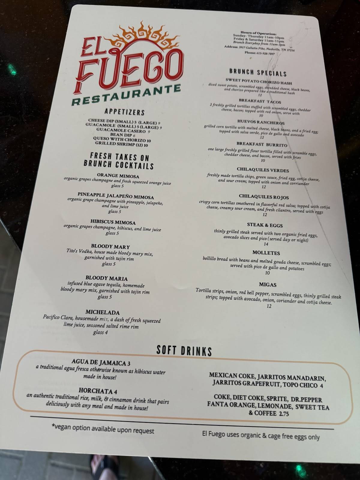 Carta de El Fuego Restaurant, Nashville