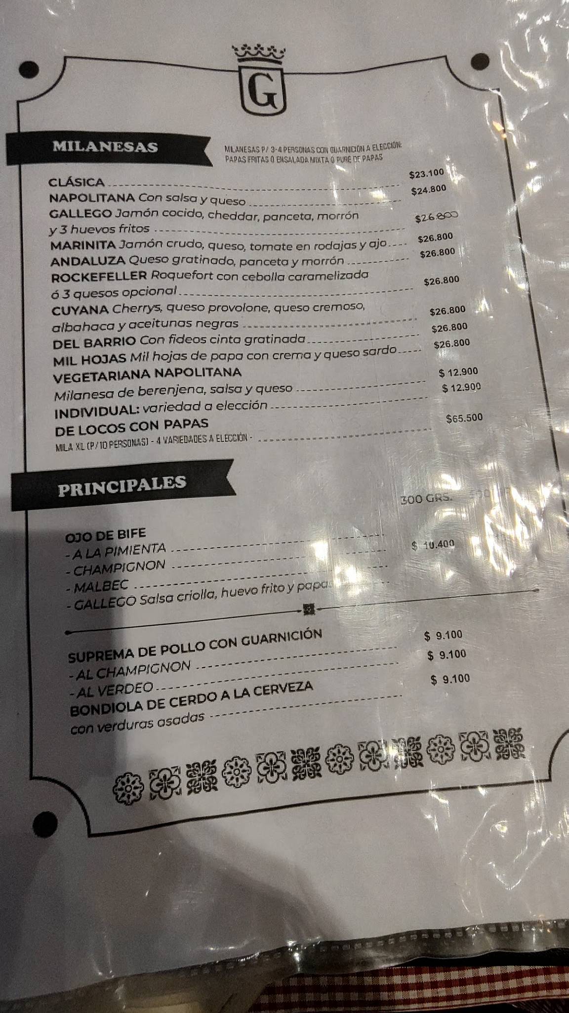 Carta del restaurante El Gallego Lomas, Argentina