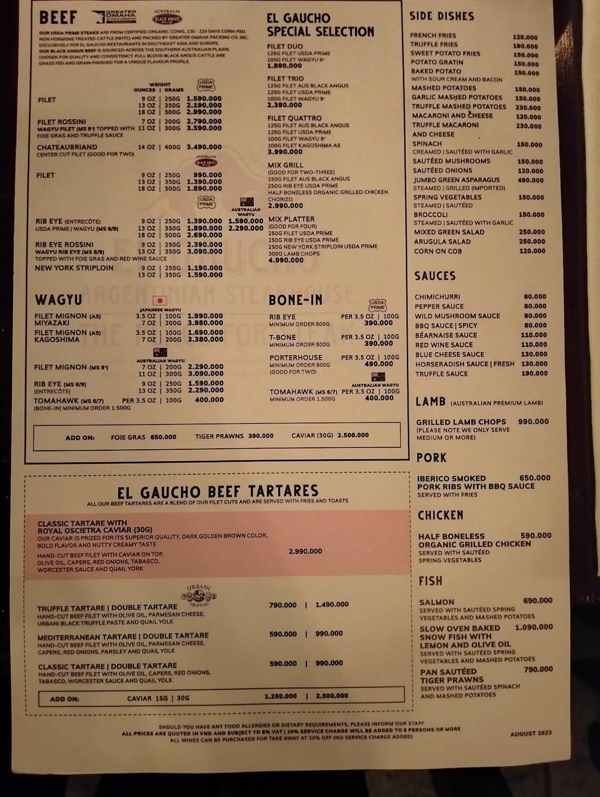 Menu at El Gaucho Le Loi steakhouse, Ho Chi Minh City