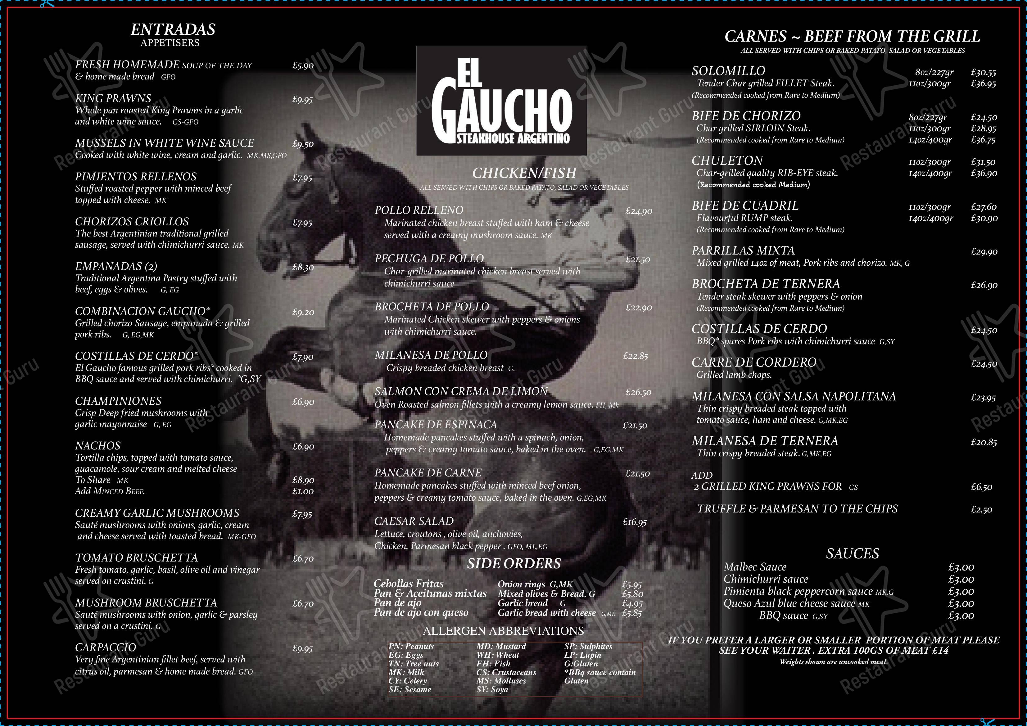Menu at El Gaucho restaurant, York