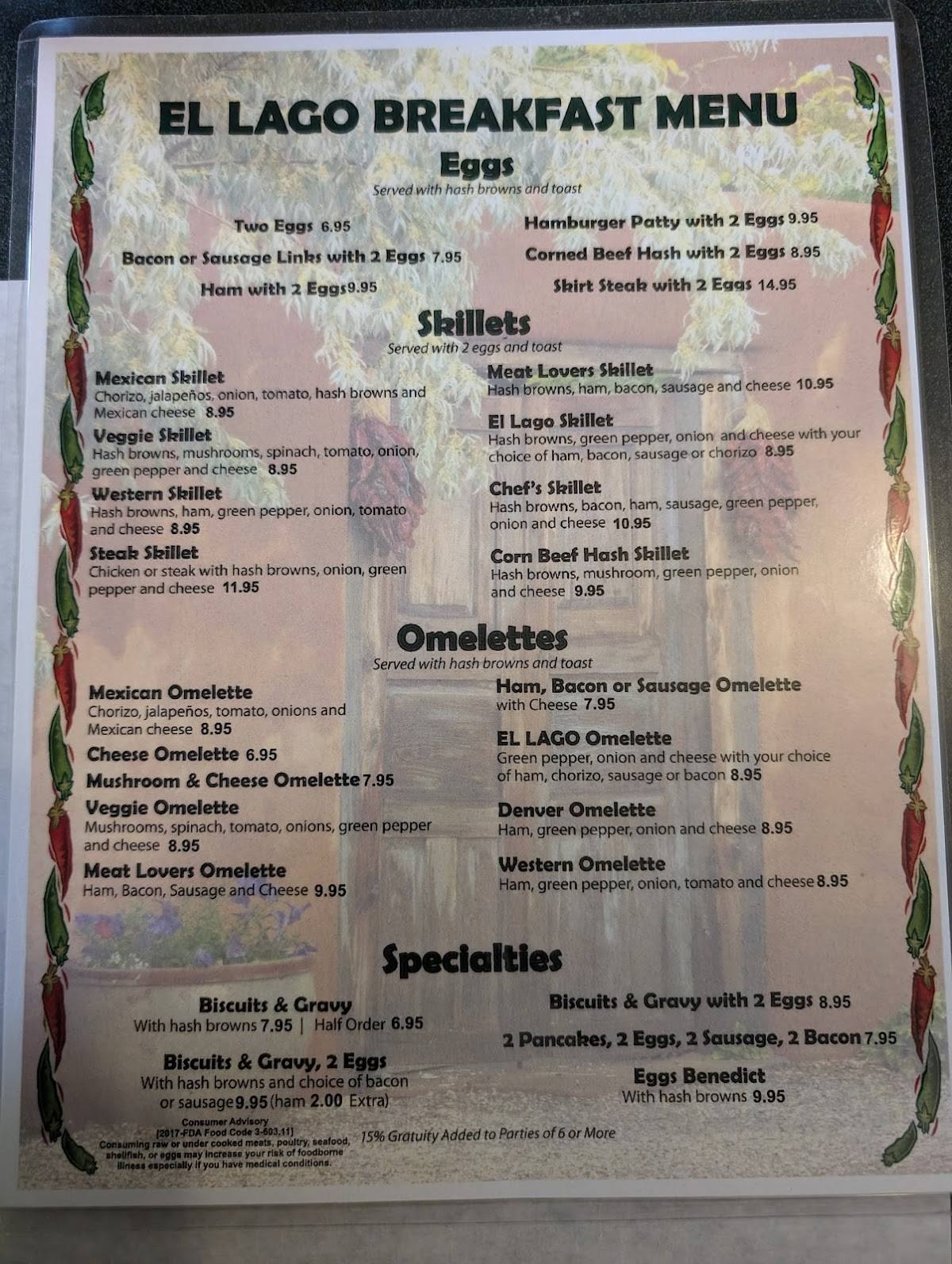 Menu at El Lago restaurant, Zion