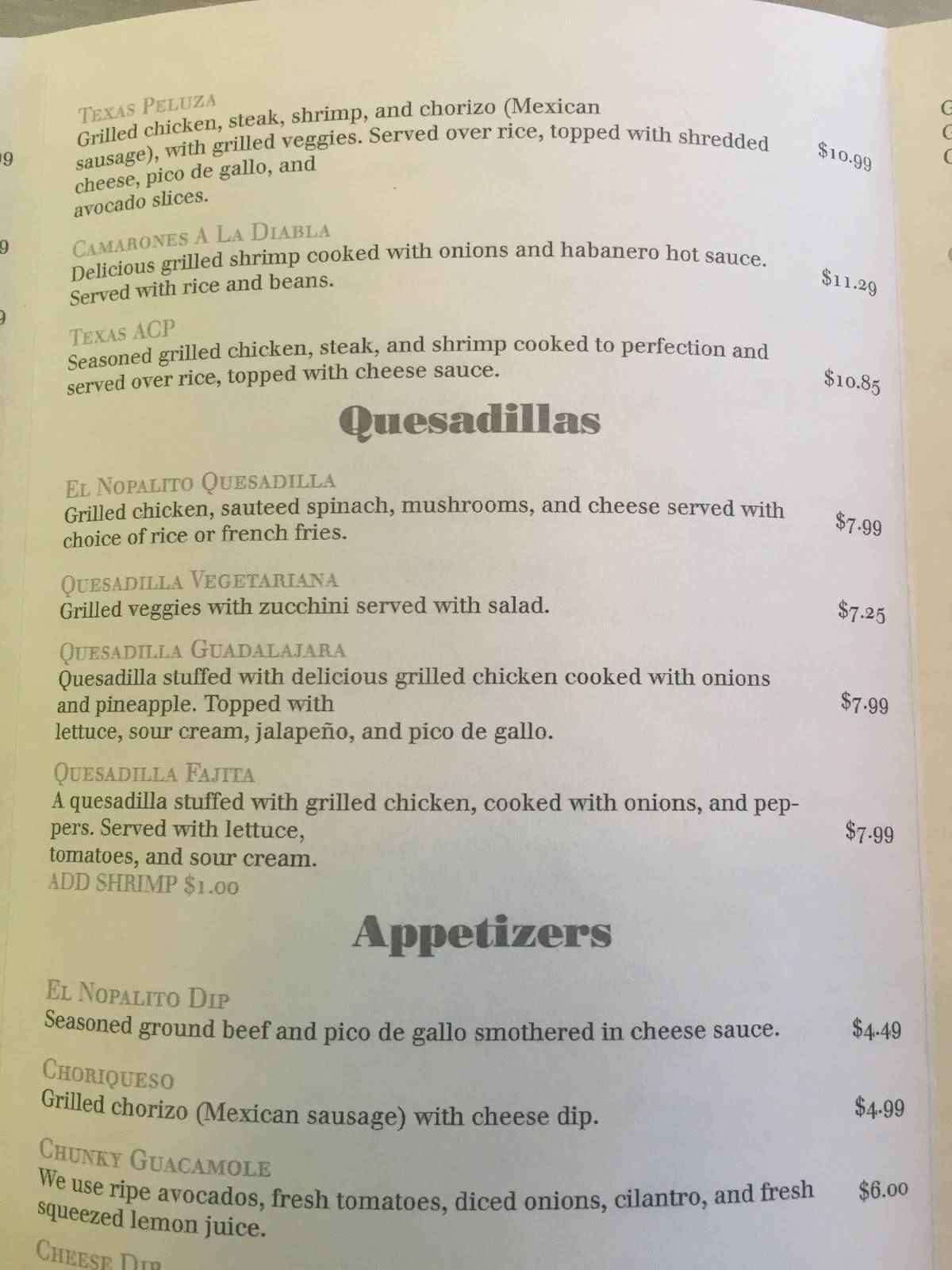Menu at El Nopalito Grill restaurant, Miner