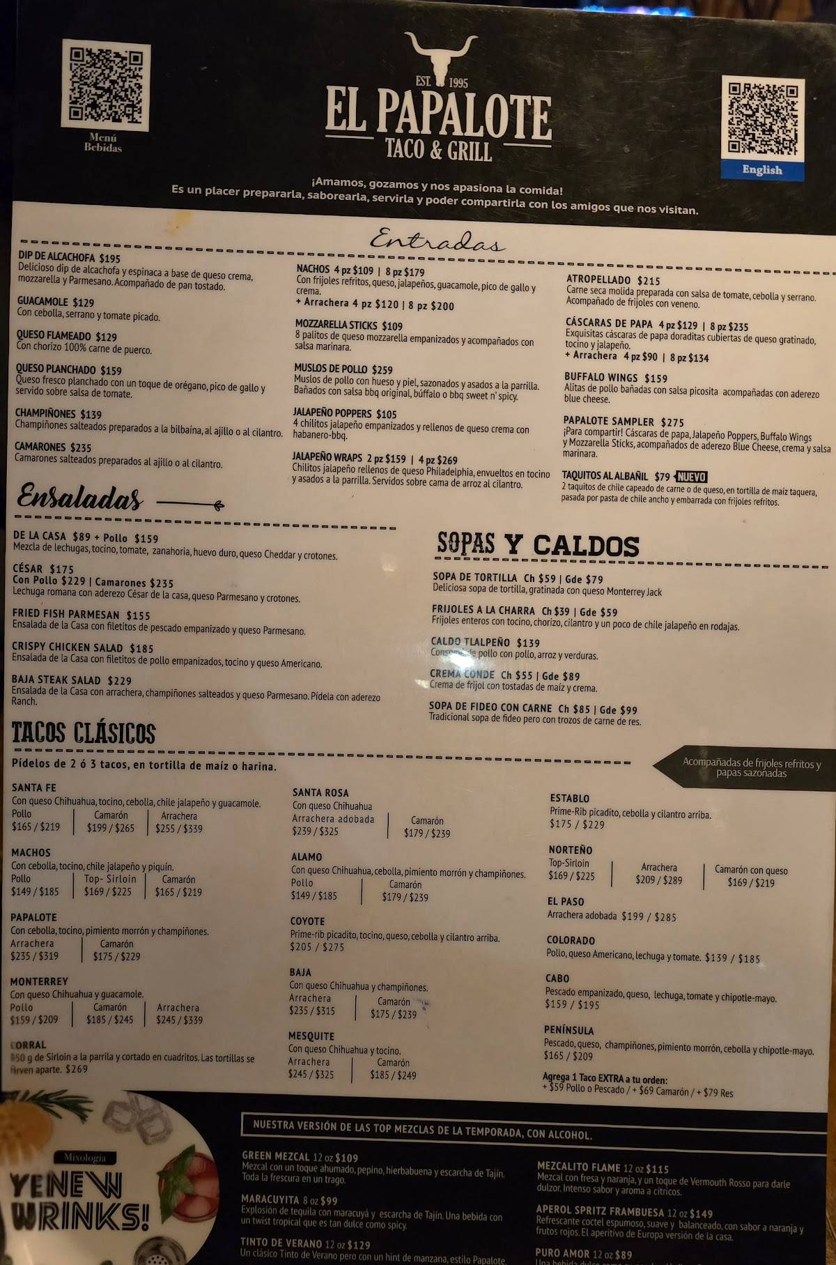 Carta del restaurante El Papalote Taco & Grill, Saltillo, Av. La Salle 3040